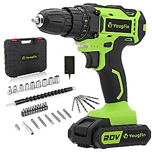 Yougfin Cordless Drill Set, 20V Power Drill Kit with Battery and Charger, 3/8" Keyless Chuck, Variable Speed, 25+1 Torque Setting, 34pcs Accessories Electric Drill Driver