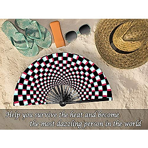 OMyTea Large Rave Clack Folding Hand Fan for Men/Women - Chinese Japanese Bamboo Handheld Fan - for EDM, Music Festival, Club, Event, Party, Dance, Performance, Decoration, Gift (Illusion Checkered)