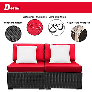 LAZYLAND 2PCs Outdoor PE Wicker Rattan Patio Sofas, with Fade-Resistant Washable Cushions and Pillows, Leisure Conversation kit (Red)