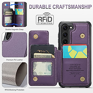 Vinich for Samsung Galaxy S23 Case with Card Holder, for Samsung S23 Wallet Case for Women Men with RFID Blocking, Durable Kickstand Shockproof Phone Case for Galaxy S23 5G, Purple