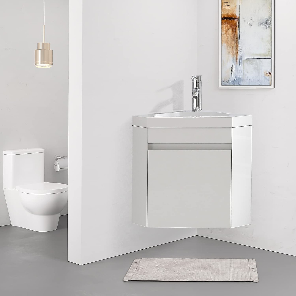 wonline 16" Corner Bathroom Vanity Sink Combo for Small Space Wall Mounted Cabinet Set Design White Resin Basin Sink Top Chrome Faucet and Drain