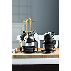 YHOSSEUN 3 Ounces Espresso Cups with Saucers Set, Porcelain Latte Cups and Metal Stand Demitasse Cups for Espresso, Latte, Cafe Mocha, Cappuccino and Tea, Set of 6, Black
