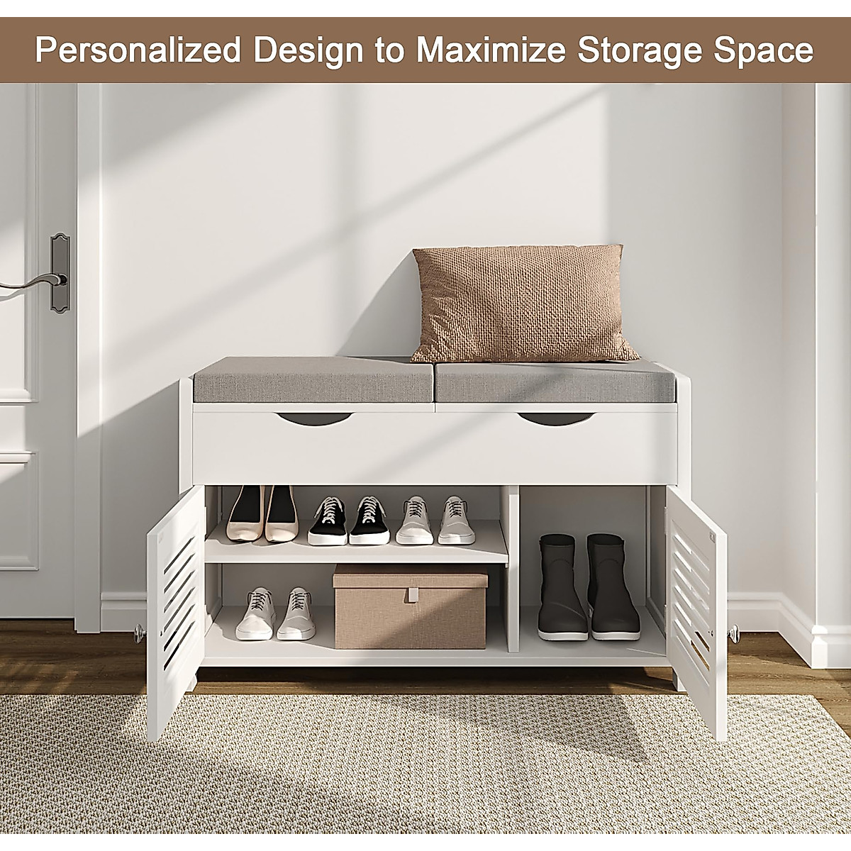 ChooChoo Shoe Storage Bench with Lift Top Storage, Entryway Bench with 2 Cushioned Seats, 3 Compartments, Adjustable Shelf, Shoe Cabinet with Hidden Storage for Entryway, Bedroom, Living Room, White