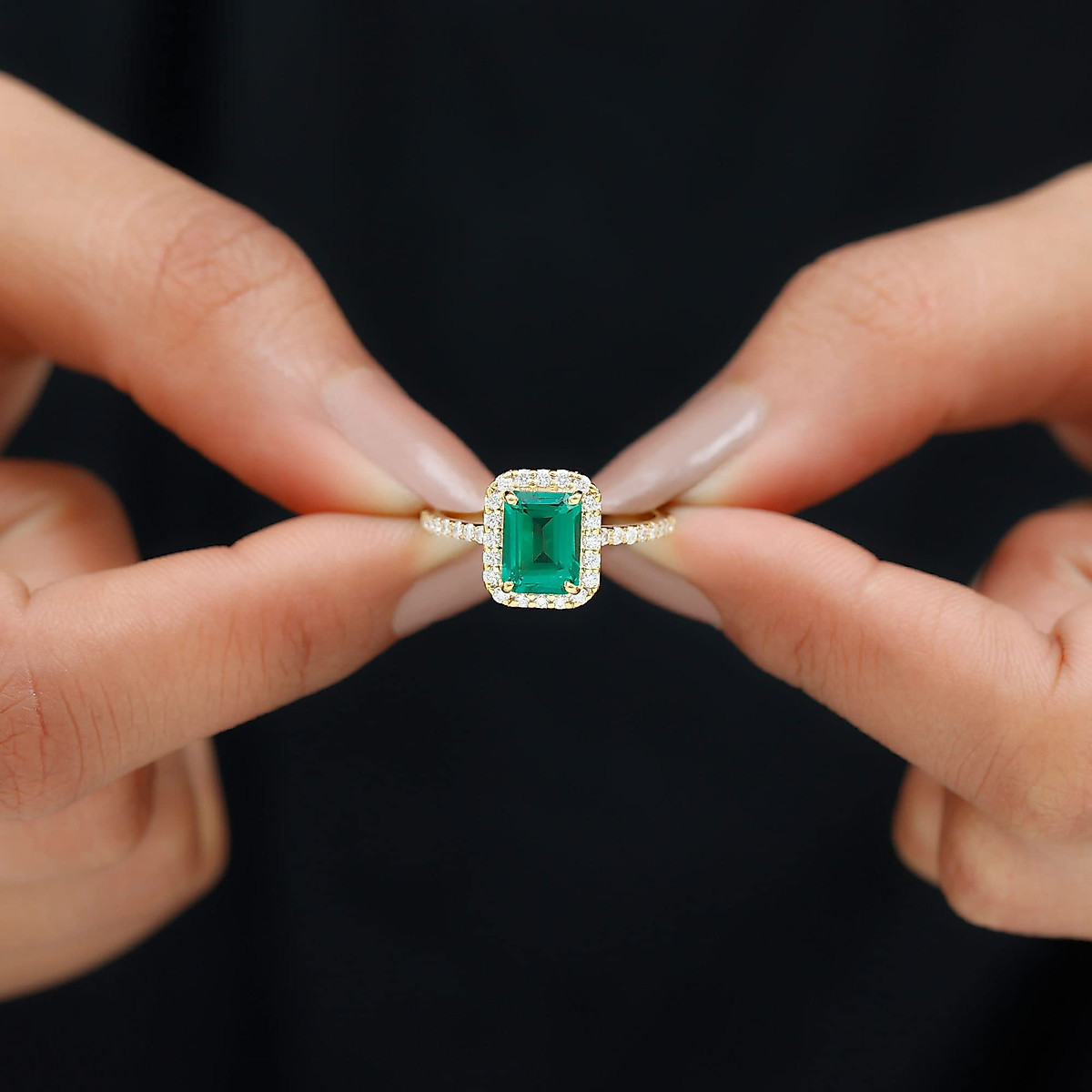 Rosec Jewels Lab Grown Emerald Diamond Halo Engagement Ring, AAAA Quality, Certified Emerald 6X8 MM Emerald Cut Engagement Ring, 14K Yellow Gold, Size:US 7.00