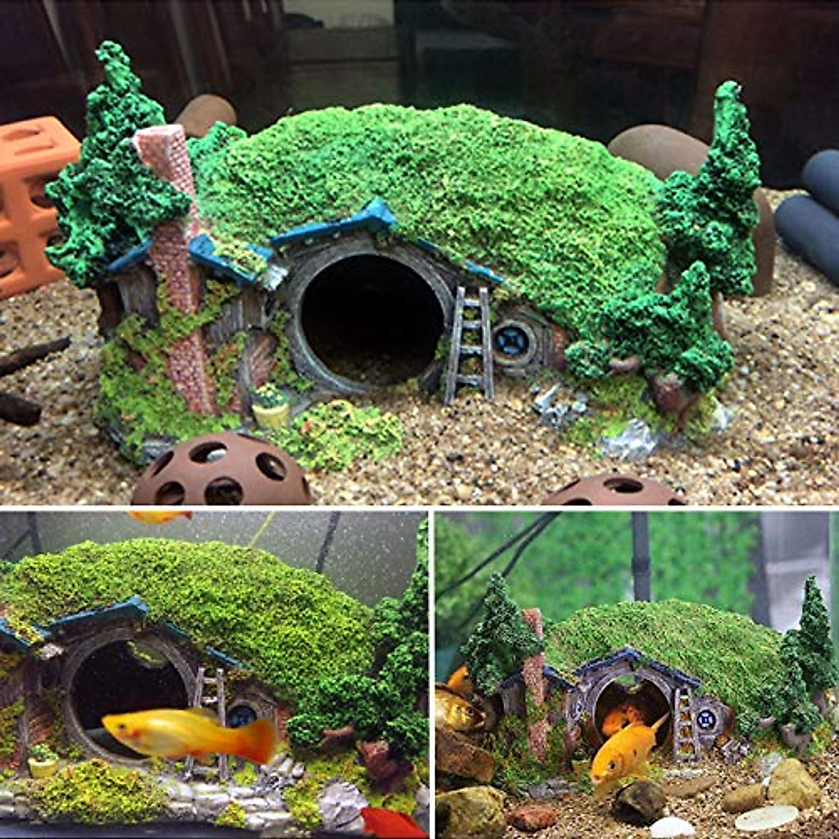 kathson Large Aquarium Decoration Hobbit House Cave, 10.6 * 7 * 5.9 inches Resin Fish Hideout Betta Hiding Reptile Hole Shelter Snake Tank Fish Tank Ornament Rockery Landscaping