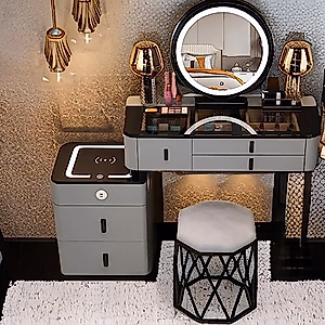 YIMAKEY Vanity Desk Lights Bluetooth: Grey 31 Inches Smart Makeup Vanity Table Set - Mirror Lights 5 Drawers Speakers Stool Charger Station Led Light - Adult Bluetooth Vanities for Corner