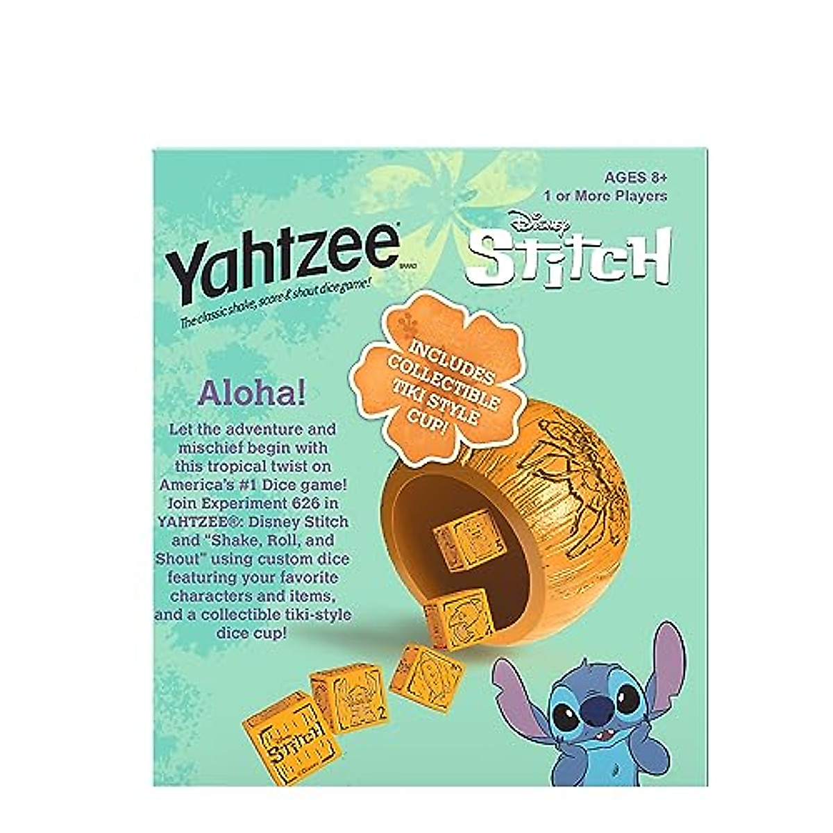 USAOPOLY YAHTZEE: Disney Stitch, Collectible Tiki Style Dice Cup, Classic Dice Game Based on Disney’s Lilo & Stitch, Great for Family Night, Officially Licensed Disney Game & Merchandise