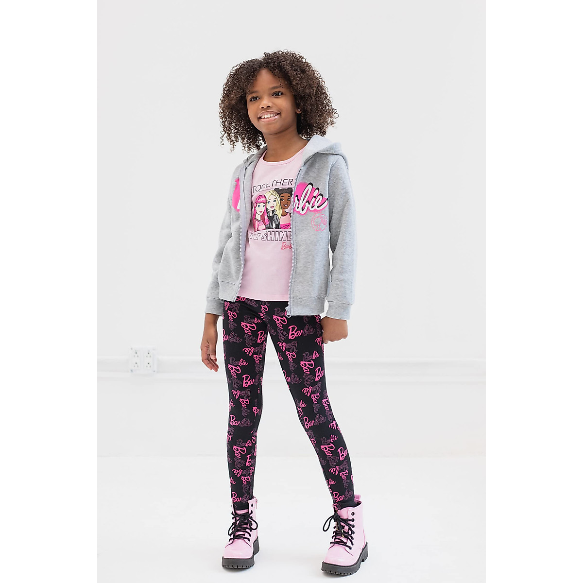 Barbie Little Girls Zip Up Fleece Hoodie Graphic T-Shirt and Leggings 3 Piece Outfit Set Gray 6
