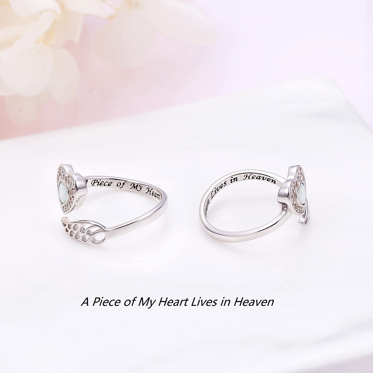 925 Sterling Silver Angel Wing Ring for Women Memorial Jewelry Engraved A Piece of My Heart Lives in Heaven Wrap Open Ring Lap Opal Heart Rings Adjustable Size 8