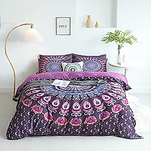 Mandala Duvet Cover King Size, 3 Pieces Soft Lightweight Microfiber Duvet Cover Set, Purple Mandala Bedding Comforter Cover Set with Zipper Ties, 1 Duvet Cover and 2 Pillowcases, No Comforter