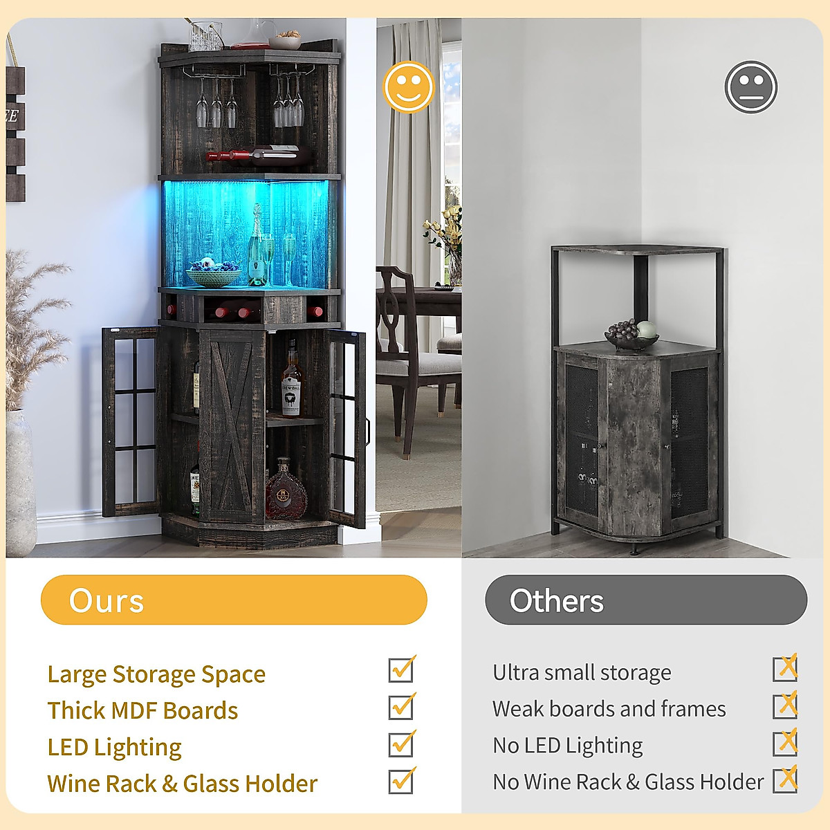 DWVO Corner Bar Cabinet with Glass Door & LED Lights, 72" Tall Farmhouse Liquor Cabinet Bar with Glass & Wine Holder, 6-Tiers Alcohol Cabinet for Dining Room, Living Room, Kitchen, Dark Rustic Oak