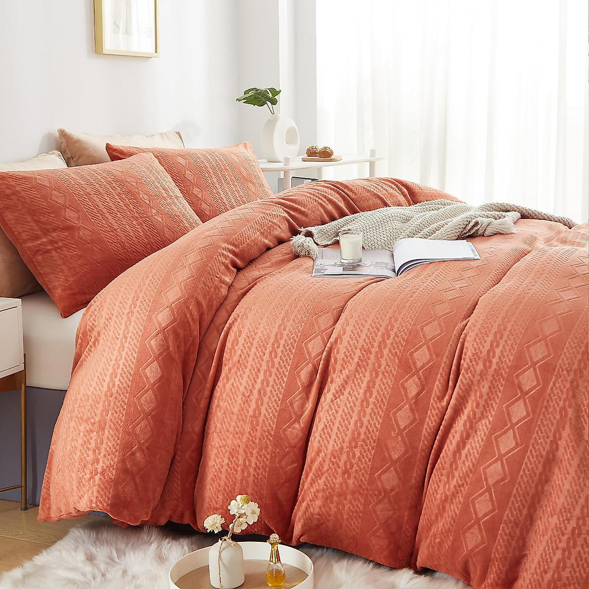 Cupocupa Velvet Duvet Cover Queen Set Grey Comforter Cover 3Pcs Ultra Soft Cover Breathable Luxury Flannel Velour Duvet Cover Zipper Closure Corner Tie Queen Terracotta