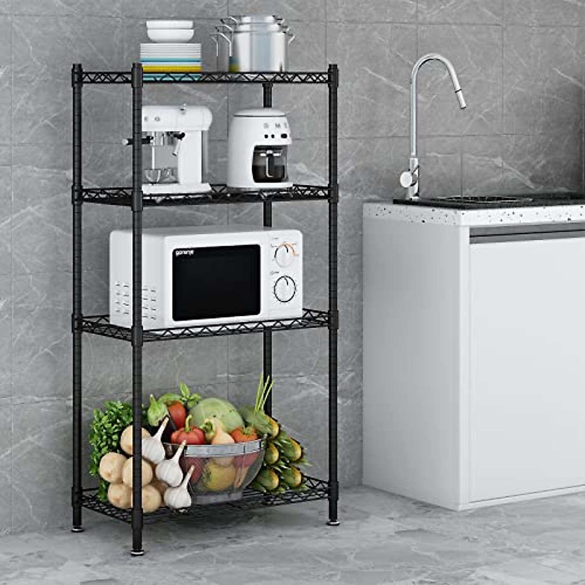 SORCEDAS Shelve 4 Tier Adjustable Utility Metal Storage Wire Rack Unit for Home Kitchen Garage Bathroom Office Indoor Black (Black, 4 Tier-Adjustable Feets)