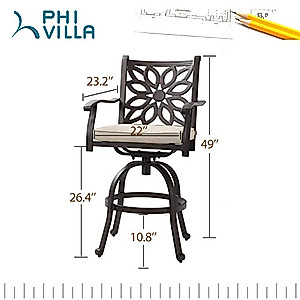 PHI VILLA Outdoor Swivel Bar Stools, Cast Aluminum Patio Pub Height Swivel Arms Chairs with Seat Cushion, Set of 2, Easy Assemble