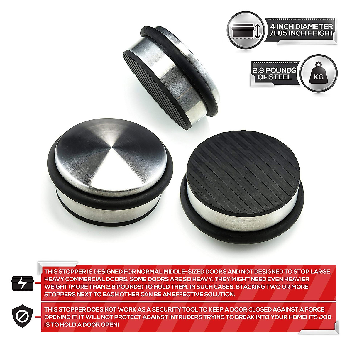 Stainless Steel Door Stopper (3 Pack) 4"x1.85"– Premium SofiHome Top Durability Door Stops with Silica Gel Treads – Stylish Decorative Heavy Duty Door Stop for Draft Stopping and Floor & Wall Safety