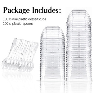 TOFLEN 100ct 2 oz Mini Dessert Cups with Spoons, Clear Plastic Reusable Small Party Serving Cups for Appetizers, Hors D'oeuvres Plates