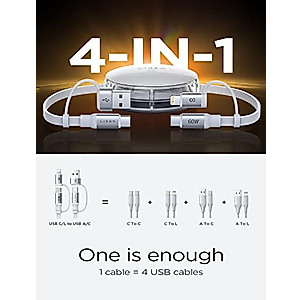 LISEN 4 in 1 Multi Charging Cable [Carry Anywhere] [Fast Charge All Devices] 60W PD USB C Charging Cable Retractable iPhone Charger Multiple Cord for Samsung Galaxy S23+/iPhone 14/Laptop/iPad(3.3FT)