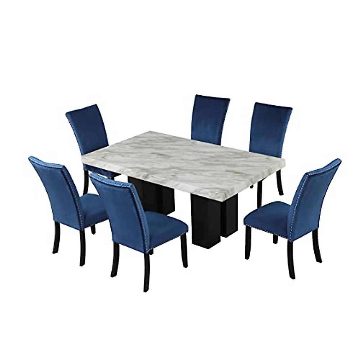 DEINPPA 7 Piece Kitchen Table Set with 1 Faux Marble Rectangular Table and Dining Chairs Set of 6 for Dining Room and Living Room (Blue)