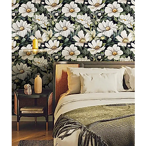 HAOKHOME Floral Wallpaper Peel and Stick Vintage Removable Wall Paper Black/Green/White Stick on Wall Mural Contact Paper 17.7in x 9.8ft