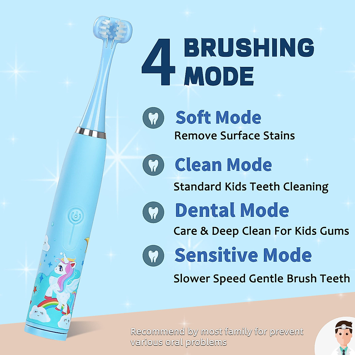 Sunartec Kids Electric Toothbrush, Six-Sided Inside and Outside Cleaning Rechargeable Sonic Toothbrushes with Timer &2 Brush Heads & Four Cleaning Modes, Training Brushing Teeth for Kids Gifts(Blue)