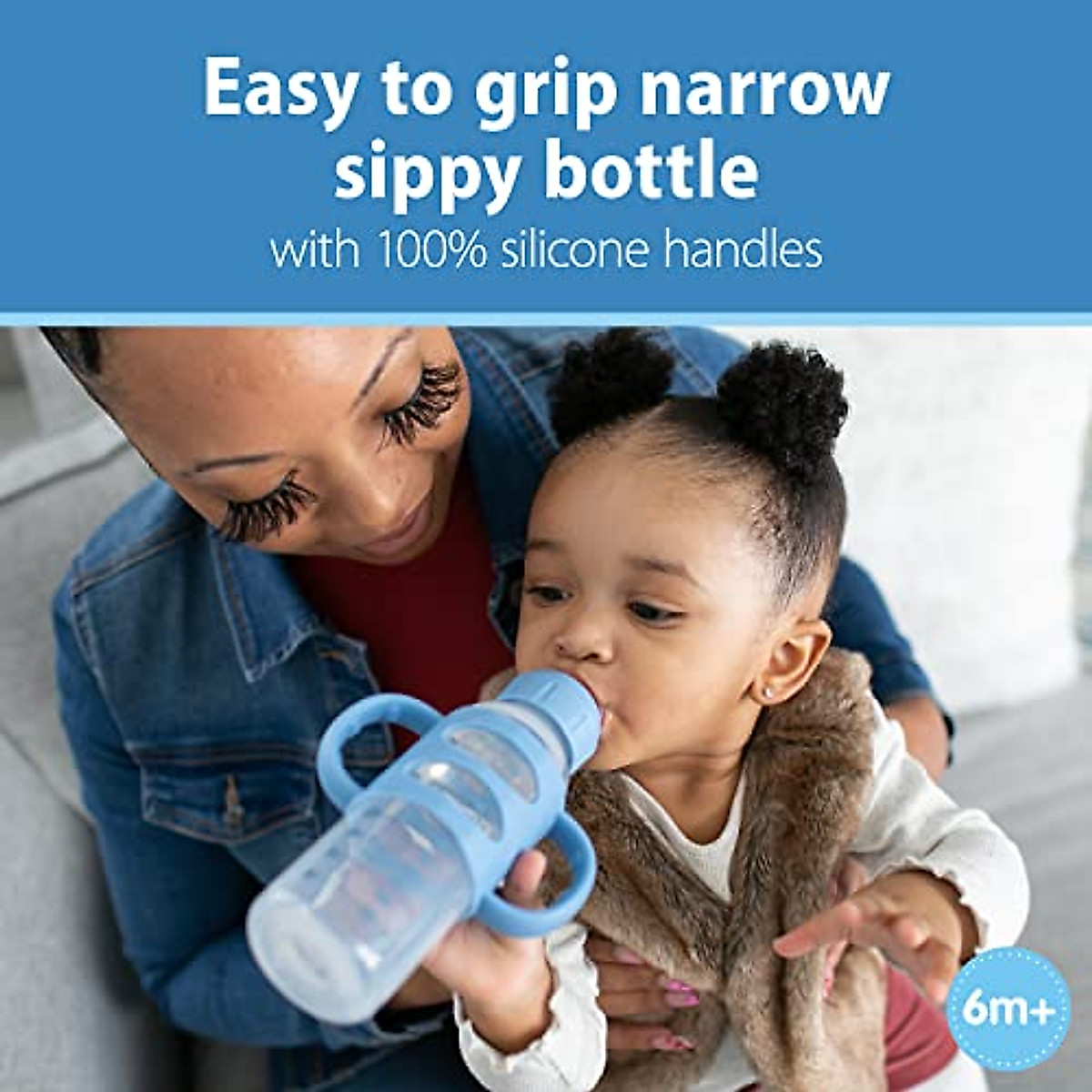 Dr. Brown's Milestones Narrow Sippy Spout Bottle with 100% Silicone Handles, Easy-Grip Handles with Soft Sippy Spout, 8oz/250mL, Light-Blue & Gray, 2-Pack, 6m+