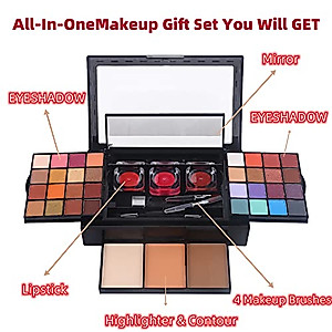 All in One Makeup Set for Women Full Kit, Includes 32 Colors Makeup Kit Eyeshadow Palette, 3 Solid Lip Gloss, 5 Pro Makeup Brushes, 3 Highlighter & Contour, 1 Make Up Mirror, Ideal Makeup Palette Gift Set for Women Girls Teens
