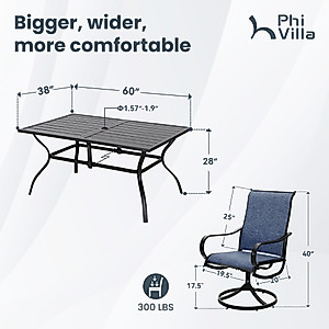 PHI VILLA 7 Piece Outdoor Patio Dining Set, Large Metal Table (1.57'' Umbrella Hole) and 6 Swivel Dining Chairs with Textilene Mesh Fabric, All Weather Patio Furniture Set for Deck Lawn Garden (Blue)