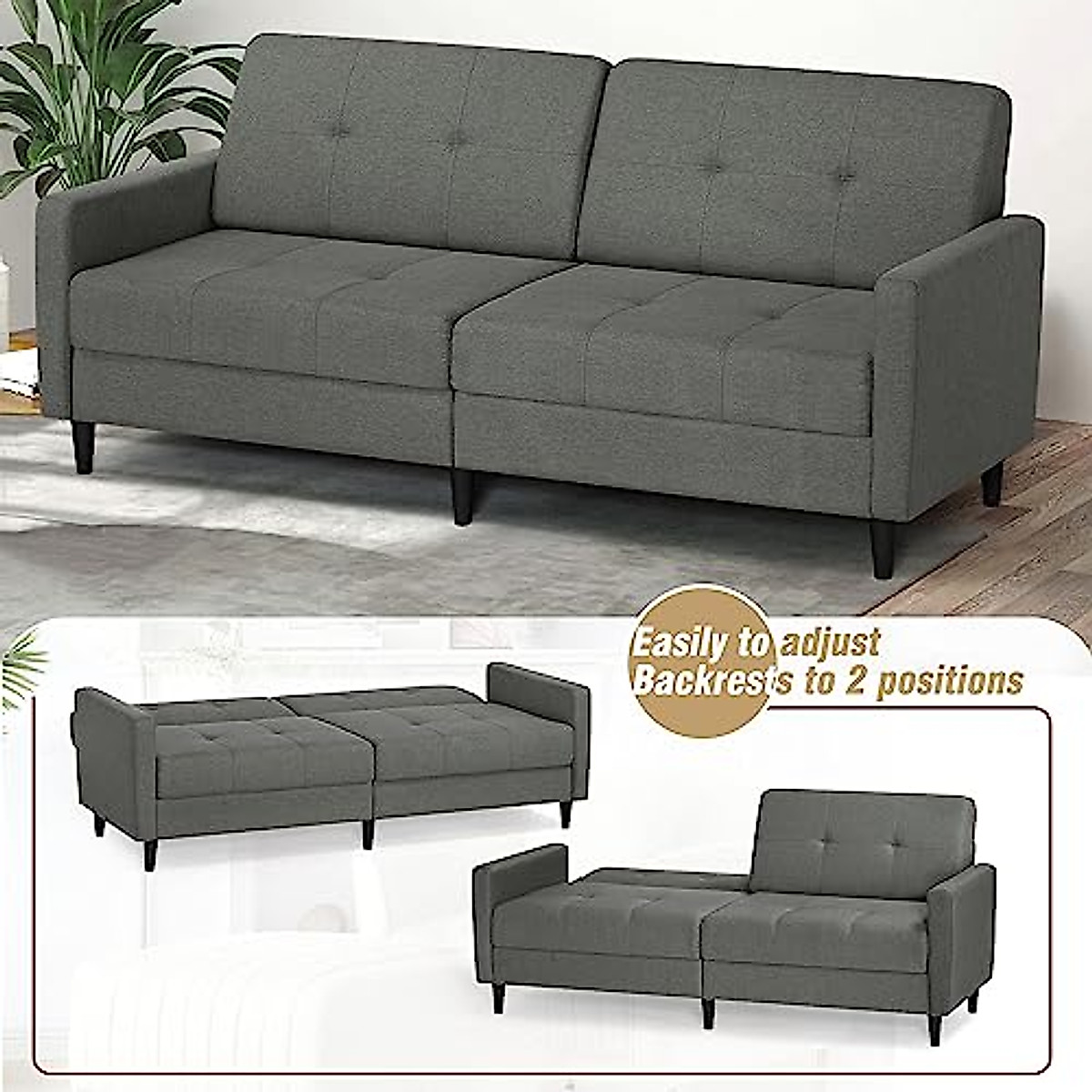 Imseigo Adjustable Sofa Bed, Fabric Linen Folding Futon Sofa, Convertible Couch Sleeper, Upholstered Loveseat Futon Couch Bed, Reversible Home Recliner for Small Space, Living Room, Office (Grey)