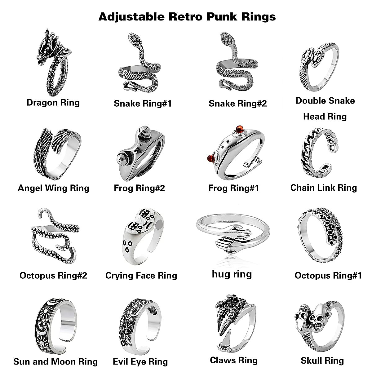 AIDSOTOU Mens Vintage Open Rings Set Frog Snake Skull Cool Punk Goth Ring for Men Women Adjustable (Silver-16 PCS)