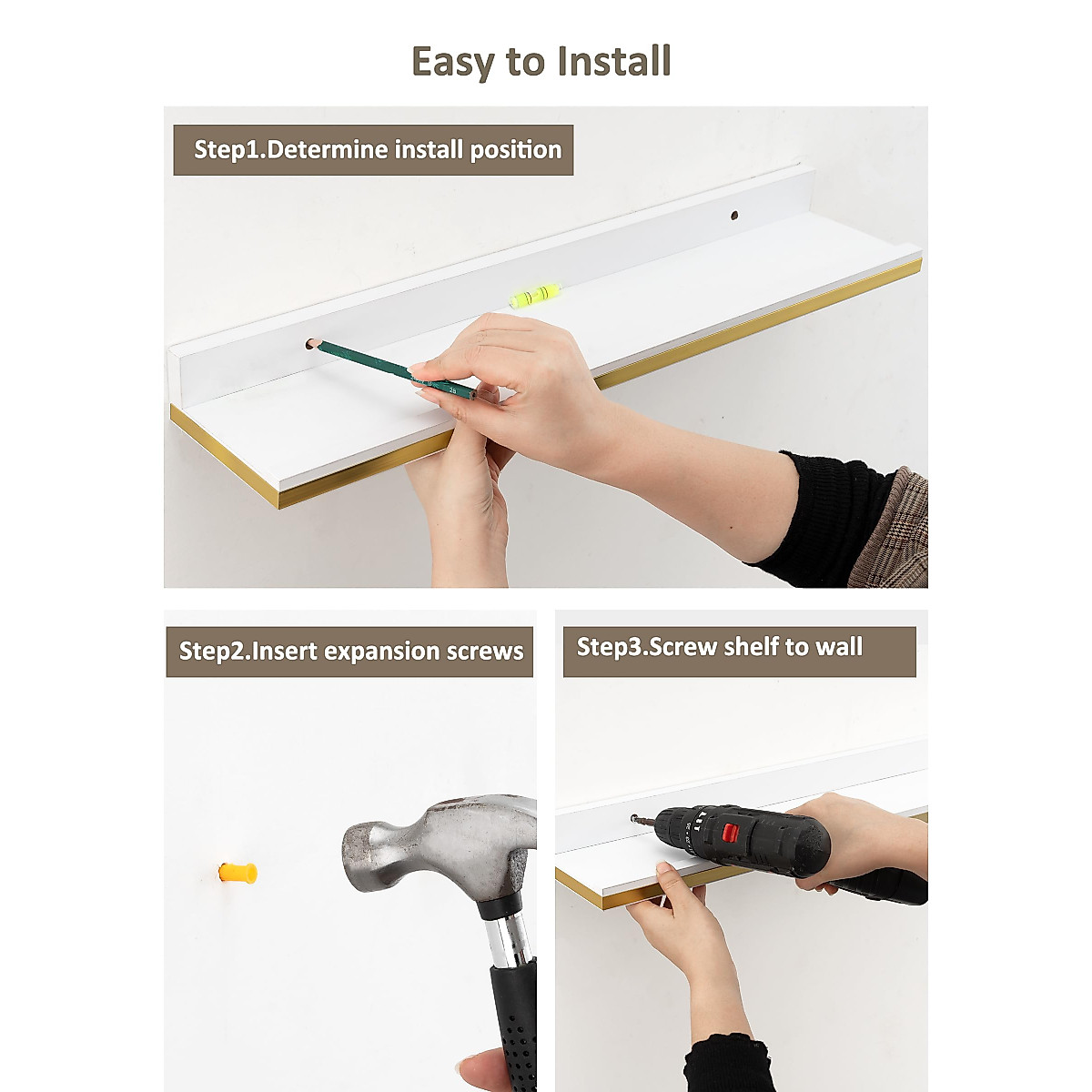 Sivapleso Floating Shelves for Wall, 24 Inches Long White and Gold Floating Shelves Modern Picture Ledge Hanging Wall Shelves Set of 2