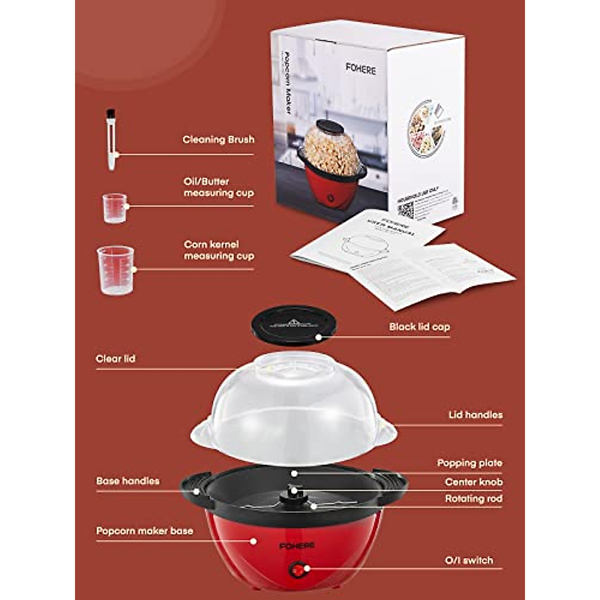 Popcorn Machine, 2-in-1 Automatic Stirring Hot Oil Popcorn Popper Maker & Grill Machine, Large Lid for Serving Bowl, 2 Measuring Spoons, Cleaning Brush, for Movie Night Kids Party Healthy Snacks