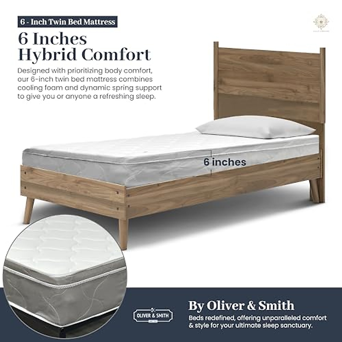 Twin Size Mattress - 6 Inch Cool Comfort Foam & Spring Hybrid Mattress with Breathable Organic Cotton Cover - Quilted Soft Tight Top - Rolled in a Box - Oliver & Smith