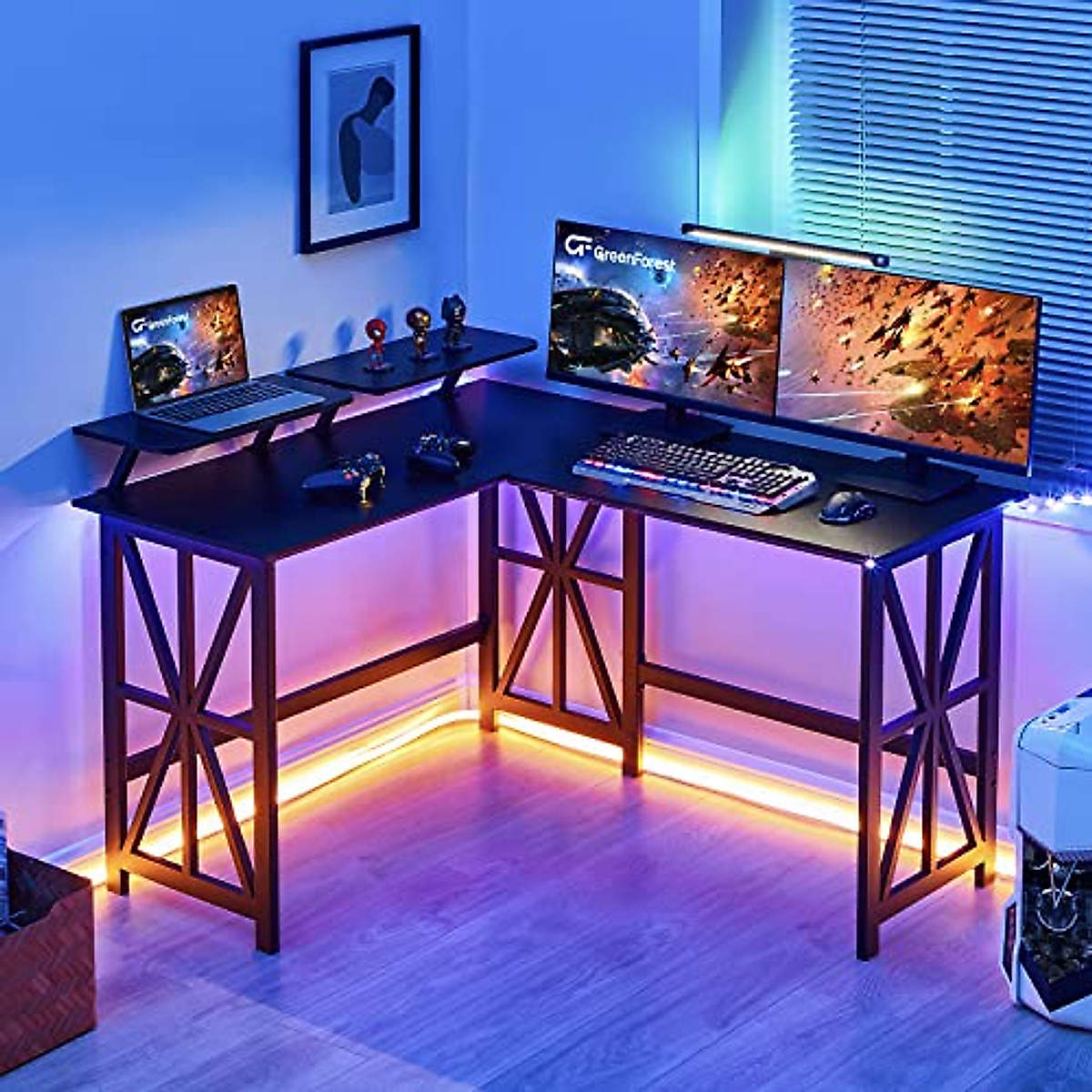 GreenForest L Shaped Desk with 2 Monitor Stand 50.4 inch Reversible Corner Computer Desk Home Office Gaming Workstation Easy Assembly,Black