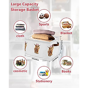 Storage Basket Highland Cattle Yak Cow with Flower Storage Bin with Handles, Animal Art on White Collapsible Organizer Storage Cubes Bins for Closet, Laundry Clothes, Bathroom, Nursery Toys