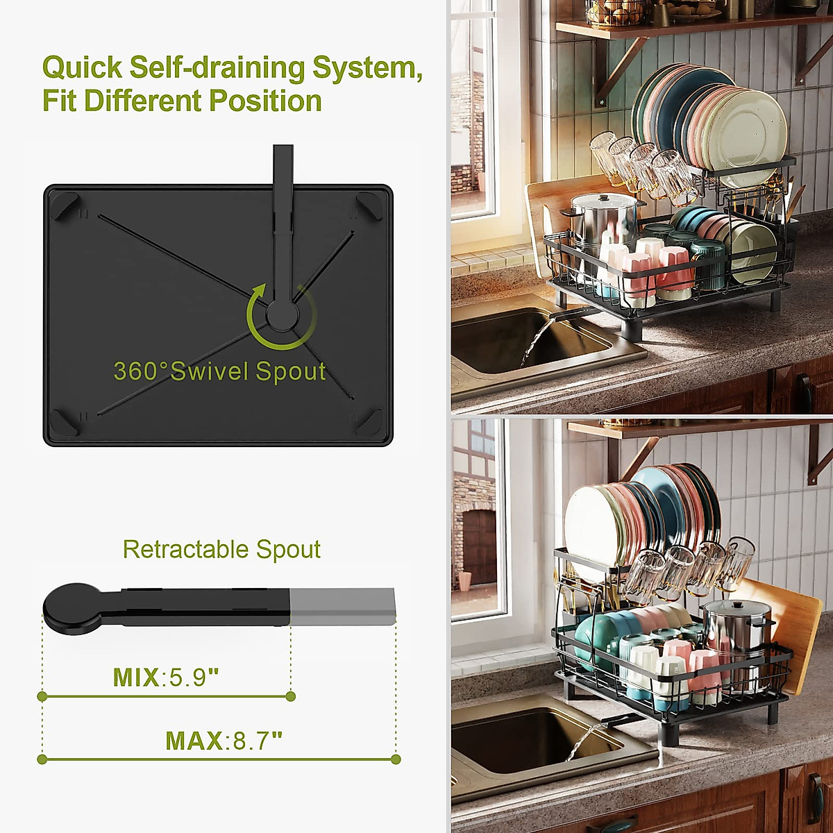 GSlife Dish Drying Rack with Drainboard - Large 2 Tier Dish Rack with 12 Plate Slot, Dish Racks for Kitchen Counter with Utensil Holder Cup Holders Cutting Board Holder, Black