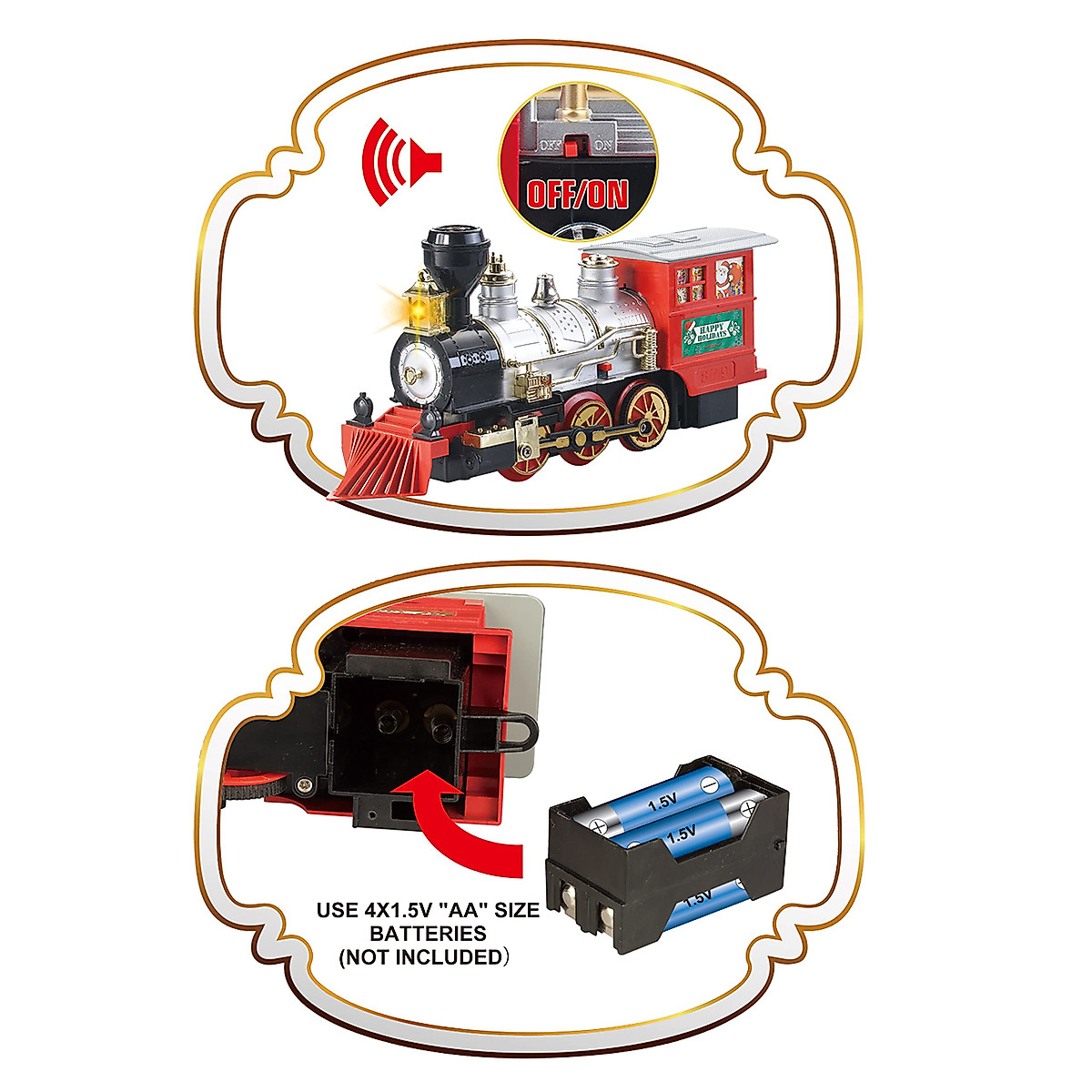 JOYIN Christmas Train Set with Real Smoke, Battery Operated Electric Train Set Including Steam Locomotive Engine, Passenger Car, Gift Car, 2 Xmas Elves, 1 Santa Santa and More! Best Xmas Train Gifts
