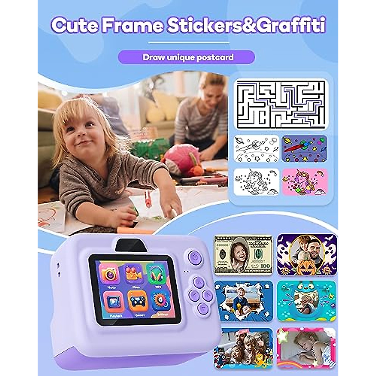 Dylanto Instant Print Camera for Kids,2.4 Inch Screen Kids Instant Cameras, Christmas Birthday Gifts for Girls Age 3-12, Portable Toddler Toy for 3 4 5 6 7 8 9 10 Year Old Girls Boys Purple