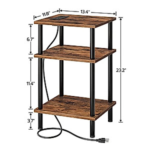 HOOBRO Set of 2 Side Tables with Charging Station and USB Ports, 3-Layer Stackable Nightstand, 23.2 Inches End Table for Small Space in Bedroom, Living Room, Industrial Style, Rustic Brown BF10UBZP201