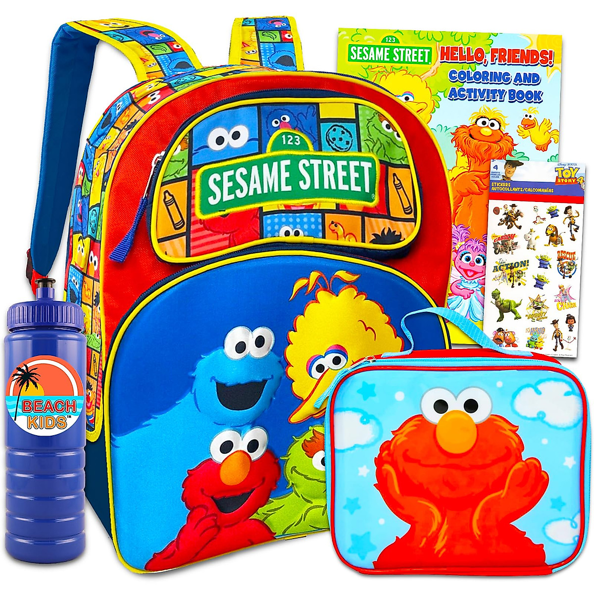 Sesame Street Kids Elmo Backpack With Lunch Box ~ 6 Pc Bundle With 16 Elmo School Bag For Boys, Girls, Kids, Elmo Lunch Box, Cars Water Pouch, And More (Elmo School Supplies)