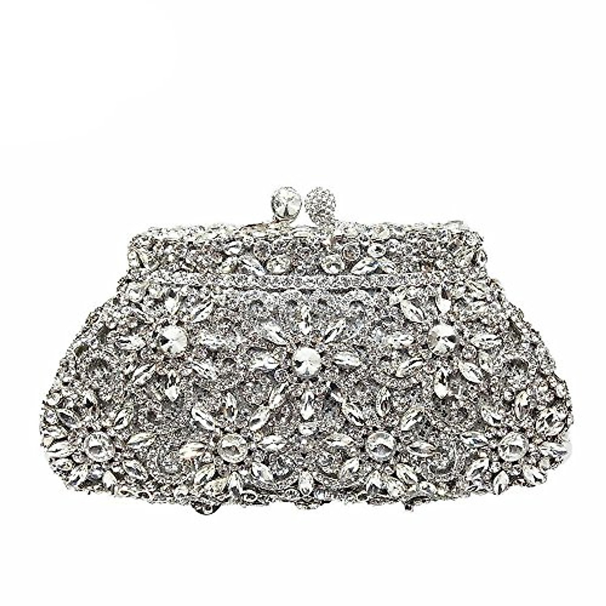 Boutique De FGG Women Silver Crown Minaudiere Evening Bags Flower Crystal Clutch Purses Wedding Clutch