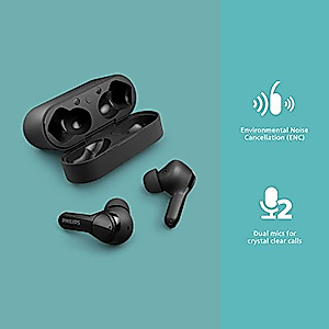 Philips T3217 True Wireless Headphones with Dual-mic Environmental Noise Cancellation for Clear Calls and IPX5 Water Resistance, Black (TAT3217BK/00)