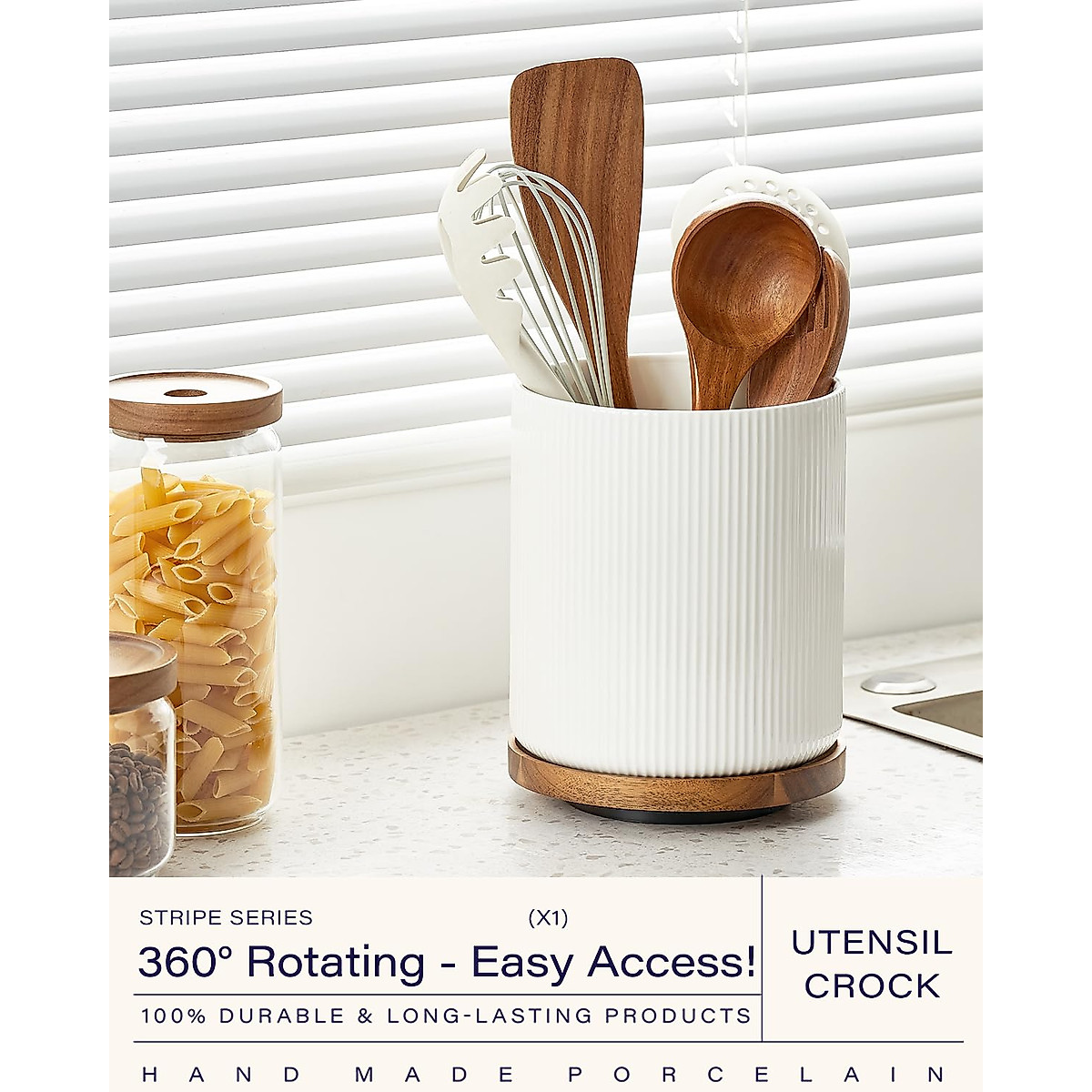 getstar Utensil Holder, 360° Rotating Large Kitchen Utensil Holder, Ceramic Cooking Utensil Holder for Kitchen Counter with Rotatable and Detachable Wooden Base