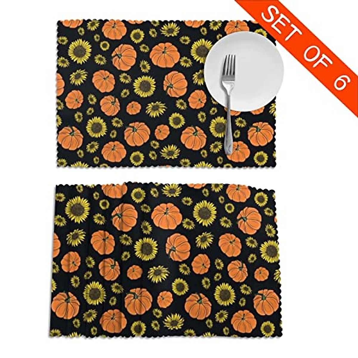 Thanksgiving Pumpkins Sunflower Leaf Placemats Set of 6,Table Mats Heat-Resistant Washable Non-Slip Place Mats for Family Dining Kitchen Home Wedding Holiday Party Decorations 12 X 18 Inch