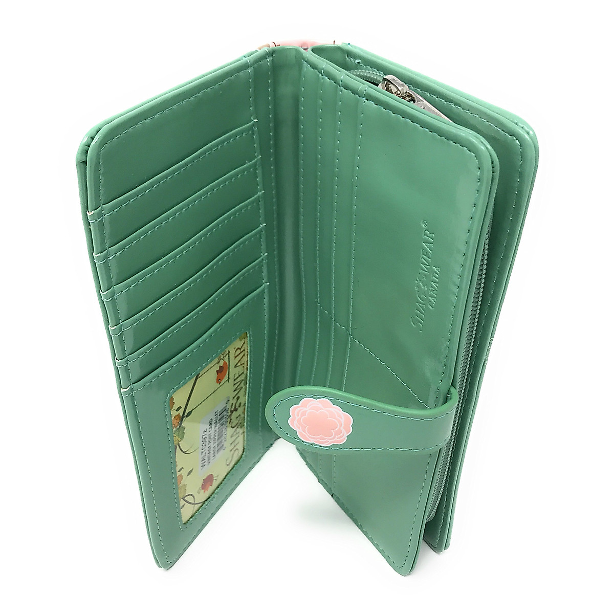 Shag Wear Vintage Postcard Floral Bicycle Large Wallet for Women and Teen Girls Vegan Faux Leather Teal 7"