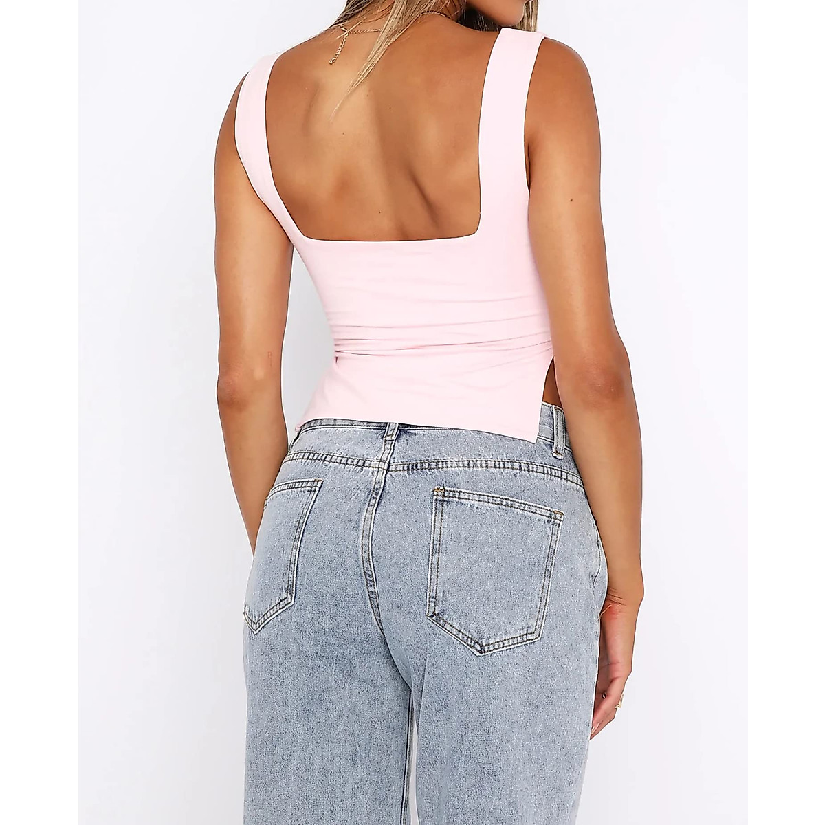 BAIGRAM Women’s Sleeveless Slim Crop Tank Top Sexy Pleated Bustier Sweetheart Neck Strappy Slits Cropped Vest Cami Pink