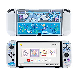 GeekShare Protective Case Slim Cover Case Compatible with Nintendo Switch OLED Console and Joy-Con, Shock-Absorption and Anti-Scratch Cover Skin for Switch OLED 2021- Shark Party (Clear)
