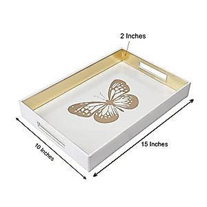 Zvasti Faux Leather Butterfly Printed Tray. White Faux Leather Trays for Coffee Table. Rectangle Tray with Handles