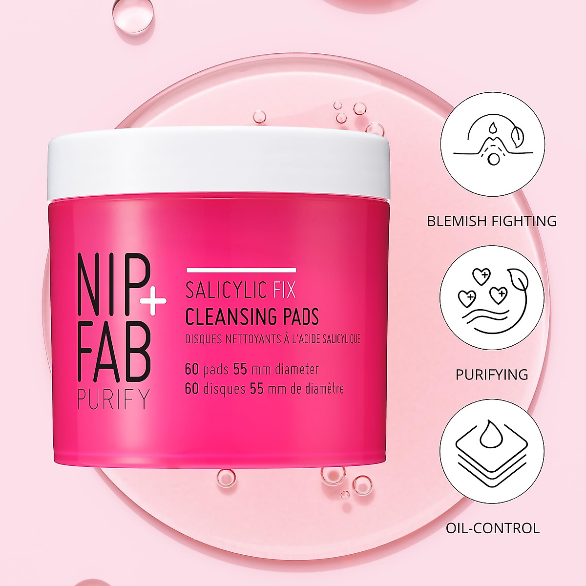 Nip + Fab Salicyclic Fix Night Pads for Face with Hyaluronic Acid, Exfoliating Facial Pad BHA Exfoliant for Skin Hydration Acne Breakouts and Blemishes, 60 Pads, 2.7 Ounce