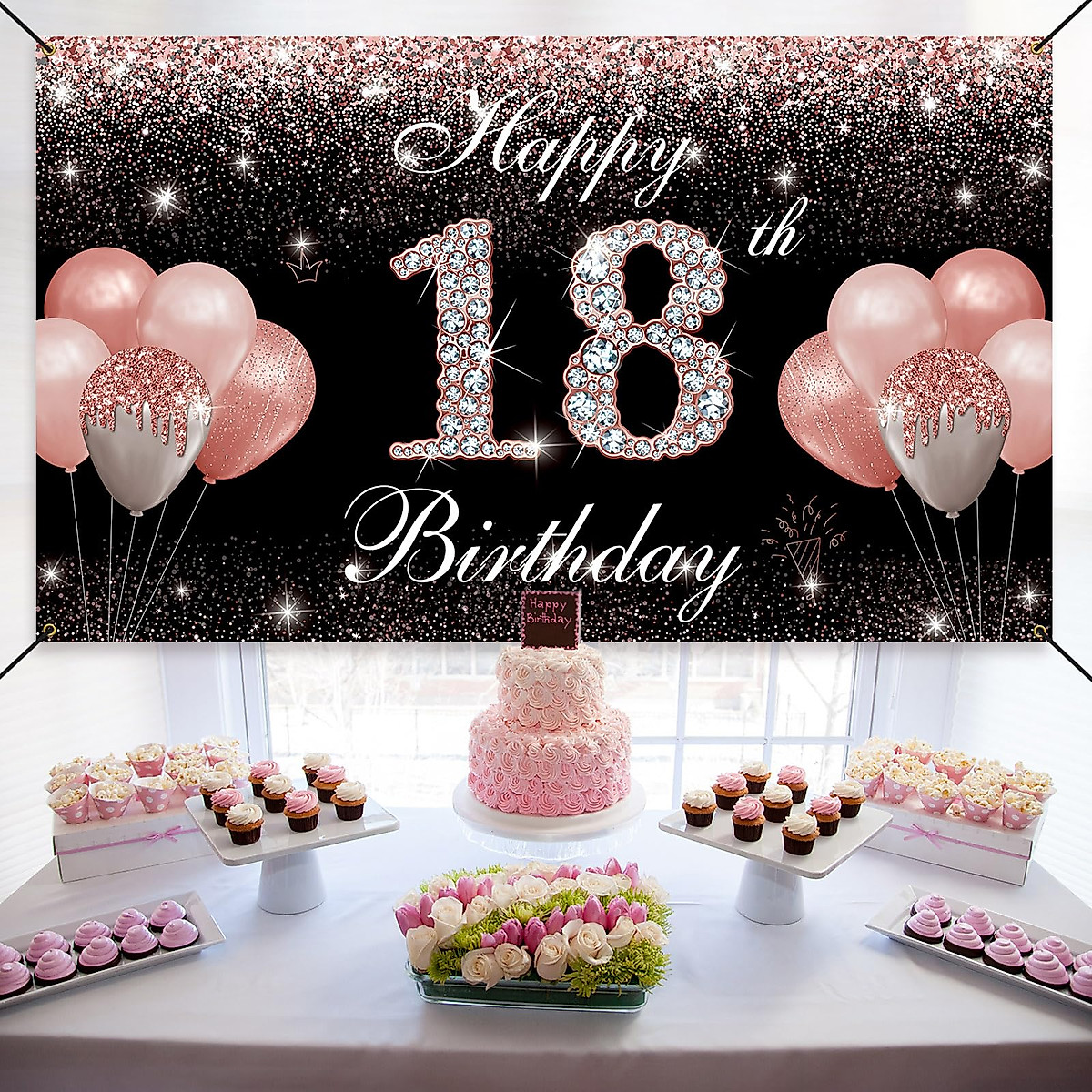 HTDZZI 18th Birthday Decorations for Girls, Happy 18th Birthday Backdrop Banner Rose Gold, 18 Year Old Birthday Party Yard Sign Photo Booth Props Background Decor Supplies for Women, Fabric