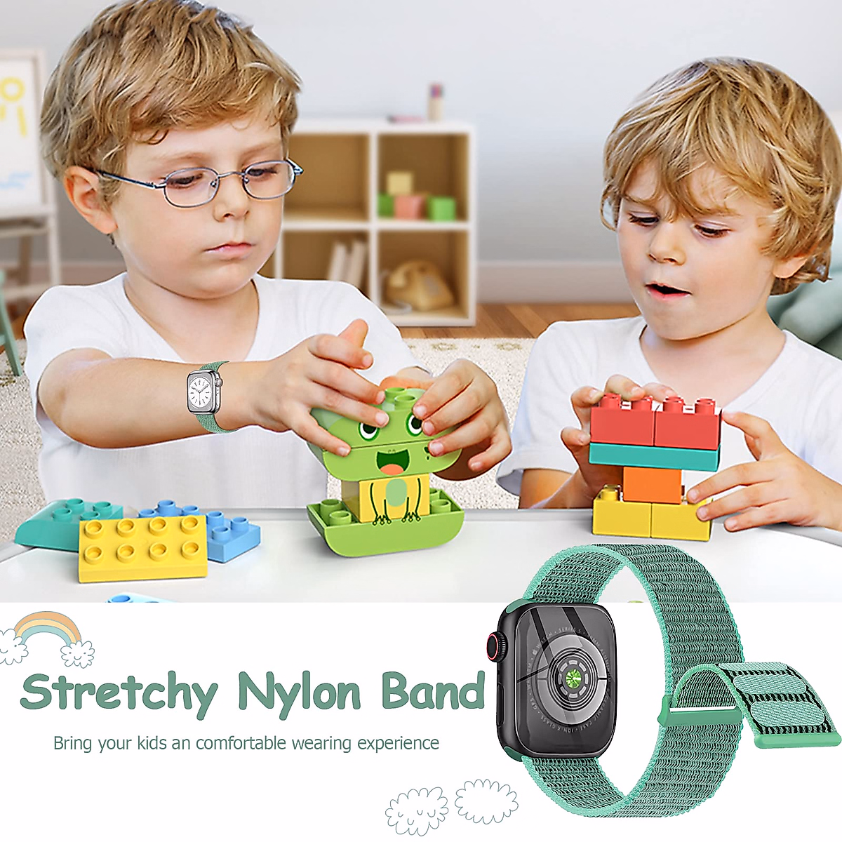 3-Pack Sport Loop Band Compatible for Kids Apple Watch Band 42mm(Series 10) 41mm 40mm 38mm, Nylon Braided Strap Bracelet for iWatch Series10/ 9/8/7/SE/SE2/6/5/4/3/2/1for Boys Girls,Black+Green+Blue